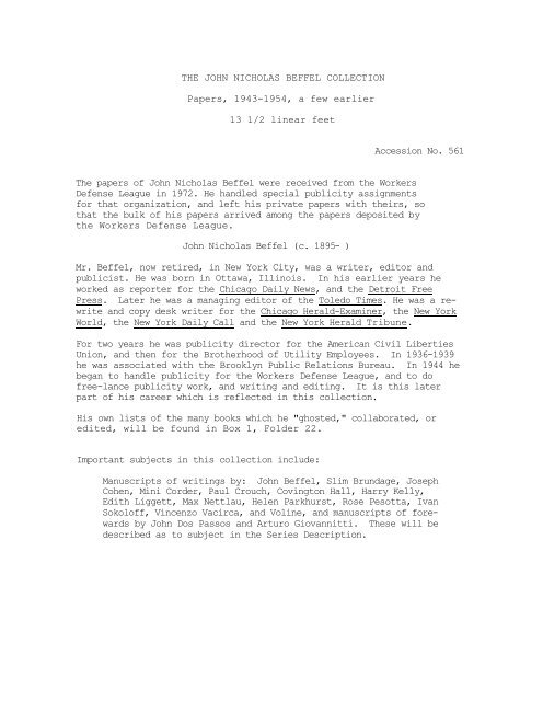 John Nicholas Beffel Papers - Walter P. Reuther Library