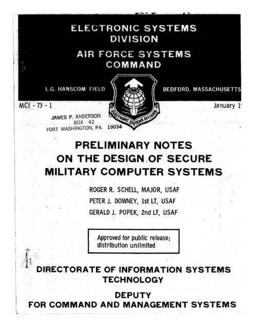 Preliminary Notes on the Design of Secure Military Computer Systems