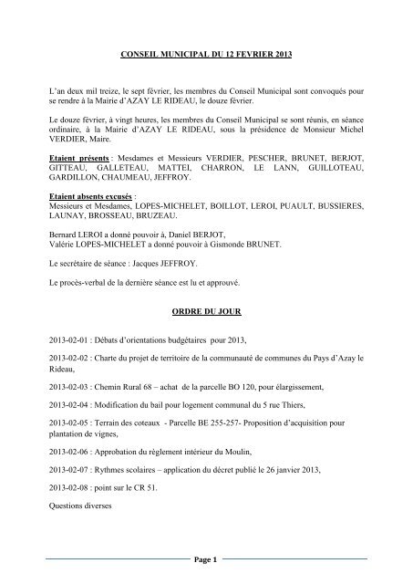 CONSEIL MUNICIPAL SEANCE du jeudi 31 janvier 2013 à 20h30
