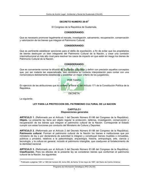 Decreto No. 26/97. Ley para la protección del Patrimonio Cultural de ...
