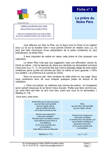 Fiche n° 3 La prière du Notre Père - AEP 78