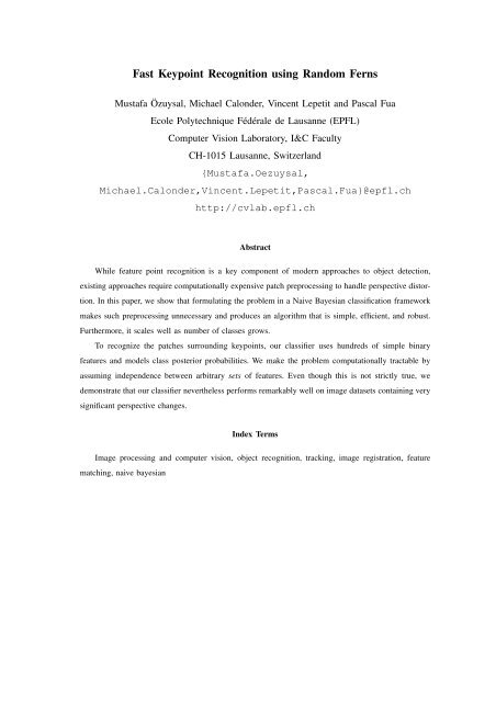 Fast Keypoint Recognition using Random Ferns - CVLab - EPFL