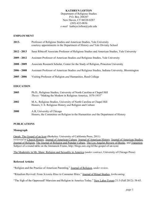 Curriculum Vitae - Religious Studies - Yale University