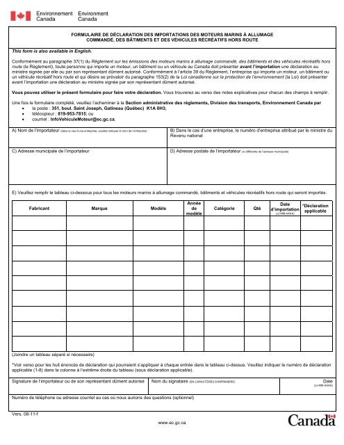 Formulaire de déclaration des importations - Environnement Canada