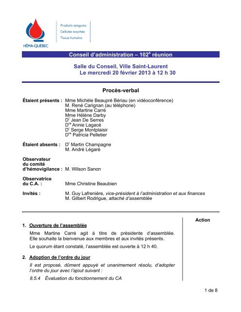 PROCES VERBAL DE LA SEANCE du conseil d administration
