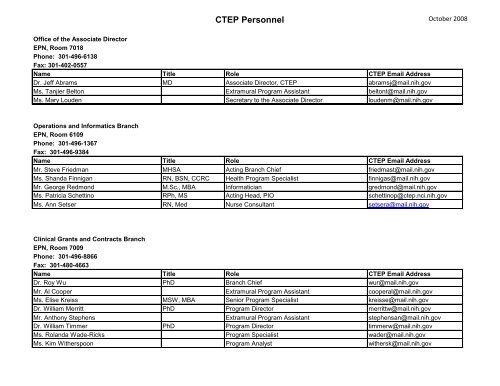 CTEP Personnel - Cancer Therapy Evaluation Program (CTEP)