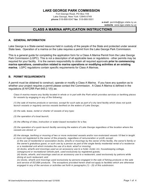 Class A Marina Application Instructions - Lake George Park ...