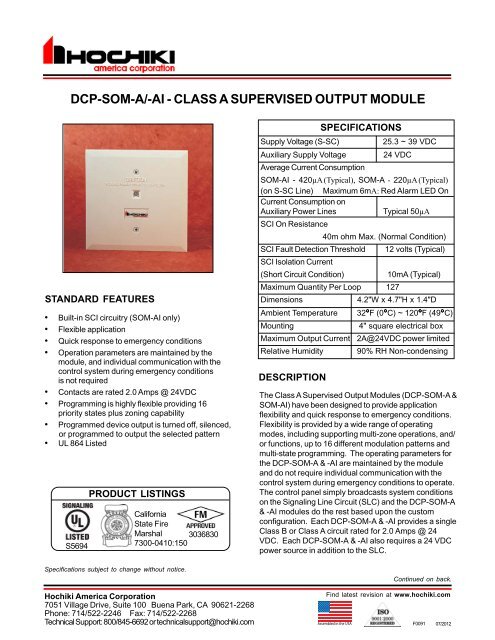 dcp-som-a/-ai - class a supervised output module - Hochiki America ...