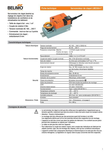 Fiche technique Servomoteur de clapet LM230A-F - Belimo