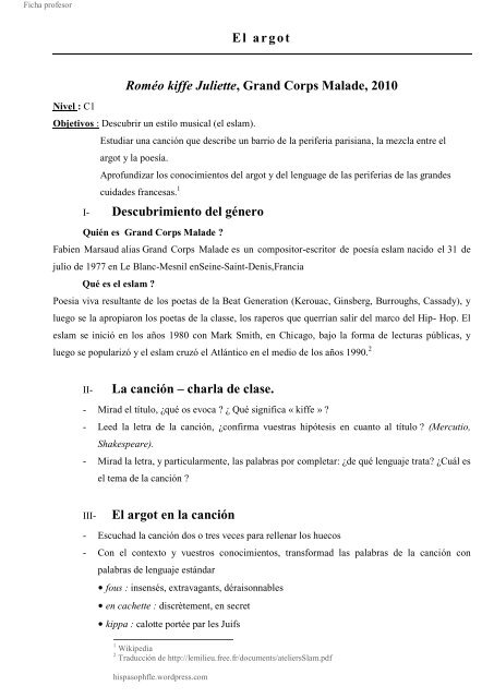 El argot Roméo kiffe Juliette, Grand Corps Malade, 2010 ...