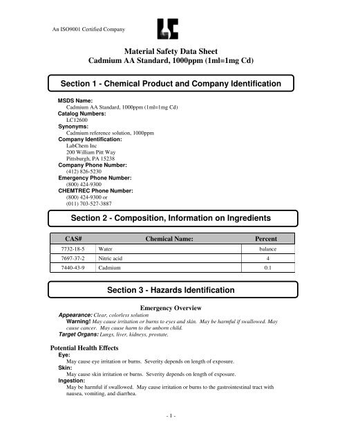 Material Safety Data Sheet Cadmium AA Standard ... - LabChem