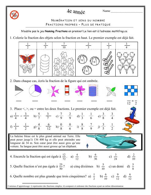 1. Colorie la fraction des objets selon la fraction en haut. Le premier ...