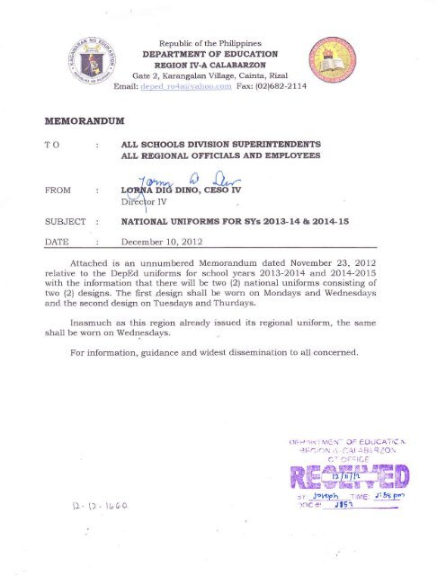 Memorandum - Department of Education, Region IV | Calabarzon