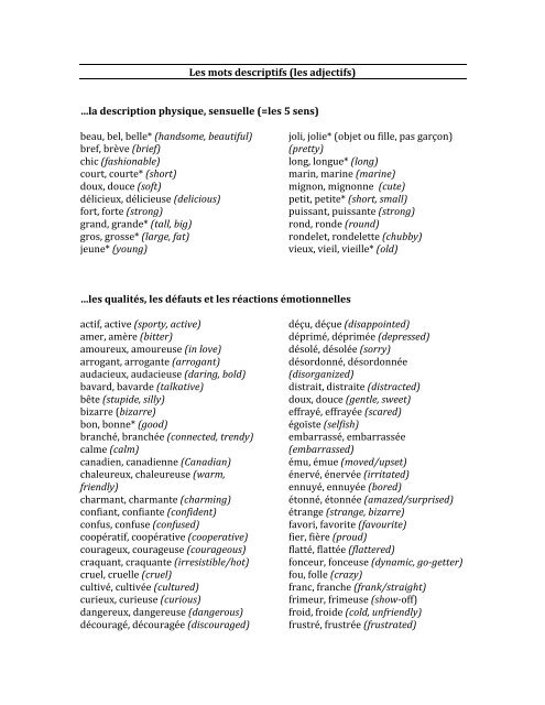 Les mots descriptifs (les adjectifs) …la description physique ...
