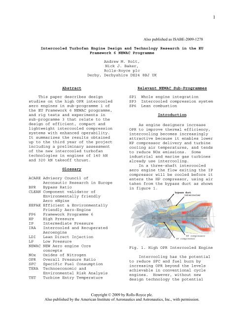 Intercooled Turbofan Engine Design and Technology ... - NEWAC