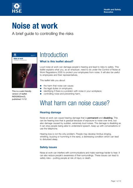 Noise at work: A brief guide to controlling the risks INDG362 - HSE