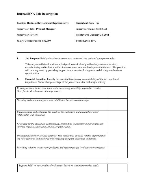 Durez/SBNA Job Description