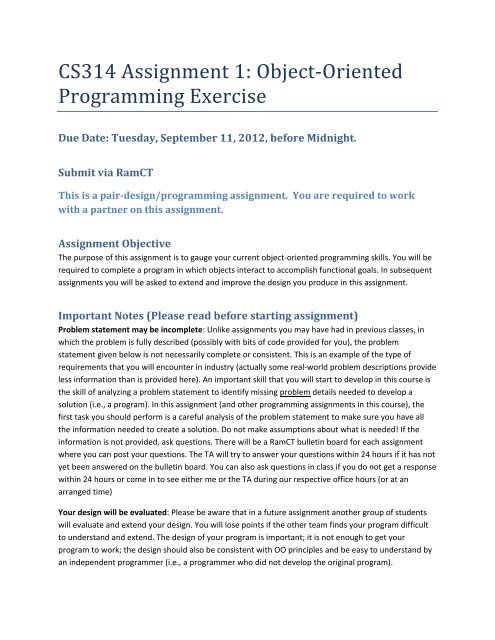 Cs314 Assignment 1 Object ‐oriented Programming Exercise