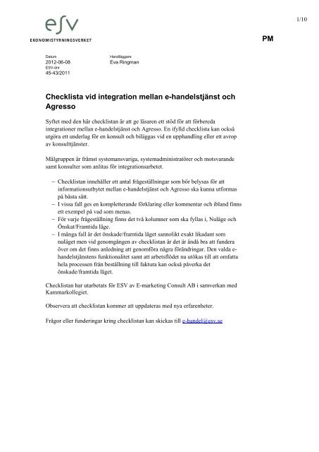PM Checklista vid integration mellan e-handelstjänst och Agresso