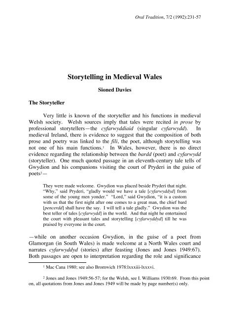 Storytelling in Medieval Wales - Oral Tradition Journal