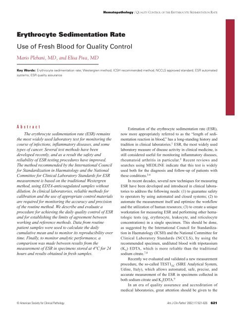 Erythrocyte Sedimentation Rate Use of Fresh Blood for Quality Control