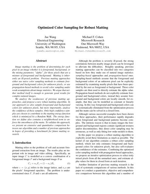 Optimized Color Sampling for Robust Matting - Jue Wang