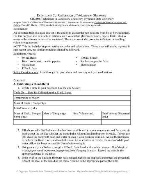 Experiment 2b: Calibration of Volumetric Glassware