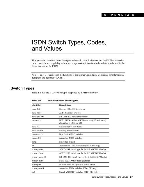 ISDN Switch Types, Codes, and Values