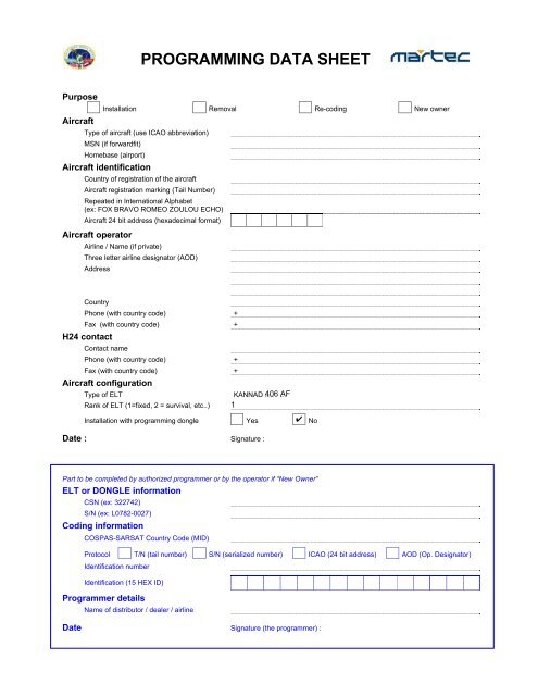 PROGRAMMING DATA SHEET - Robinson Helicopter Company