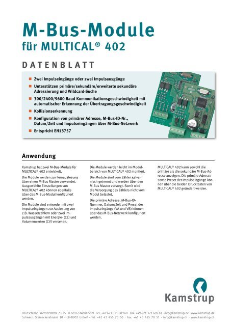 M-Bus-Module für MULTICAL® 402 DATenBLATT - Kamstrup A/S