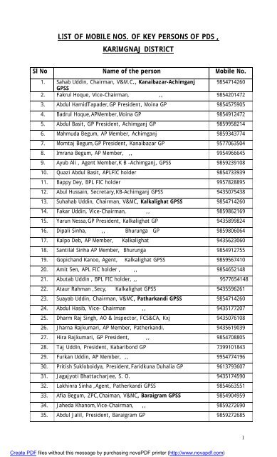 LIST OF MOBILE NOS. OF KEY PERSONS OF ... - Karimganj District
