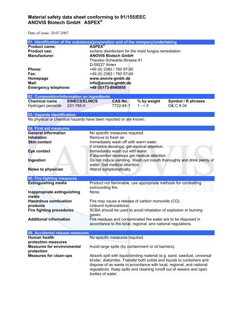 Material safety data sheet conforming to 91/155/EEC ANOVIS Biotech