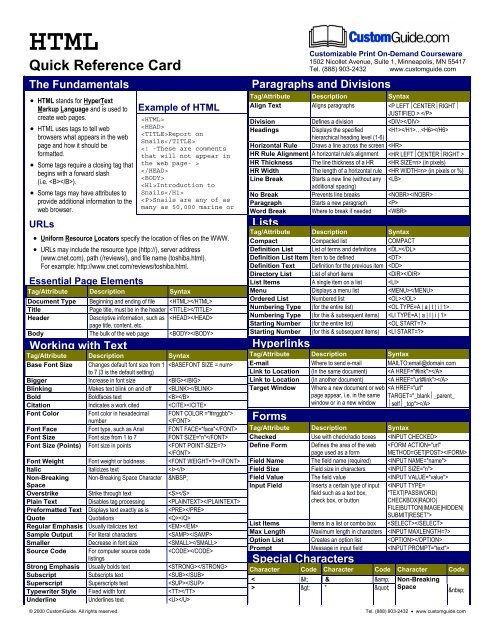 HTML Quick Reference Card