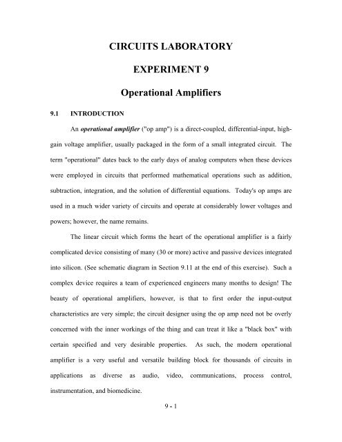 Circuits Laboratory Experiment 9 Operational Amplifiers