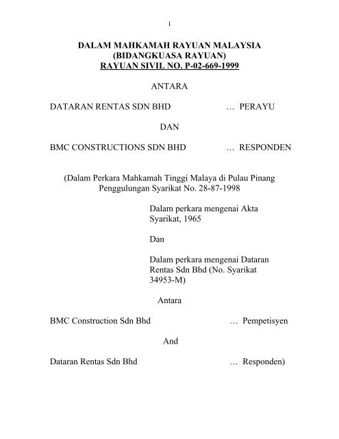 rayuan sivil no. p-02-669-1999 antara dataran rentas sdn bhd