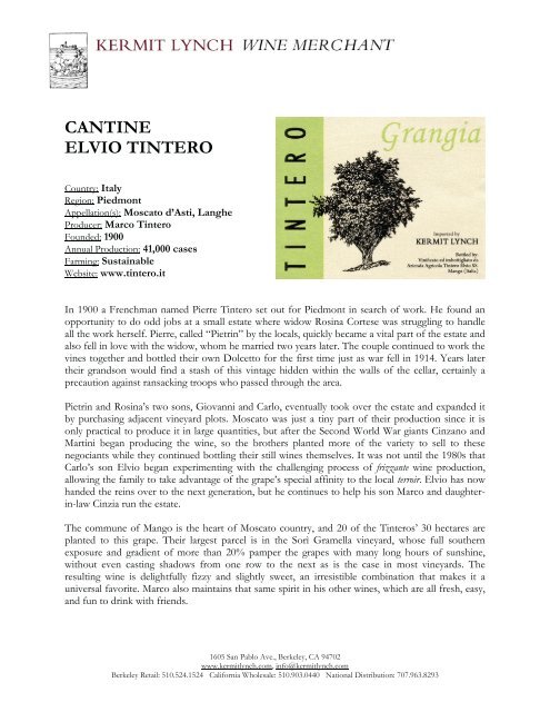 Tech Sheet: Cantine Elvio Tintero - Kermit Lynch Wine Merchant
