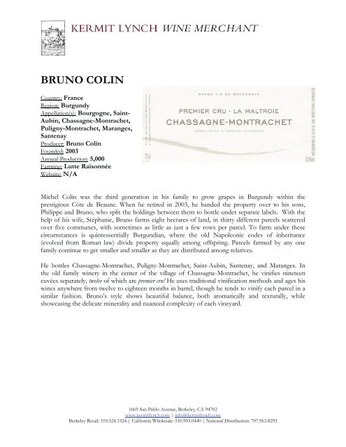 BRUNO COLIN - Kermit Lynch Wine Merchant