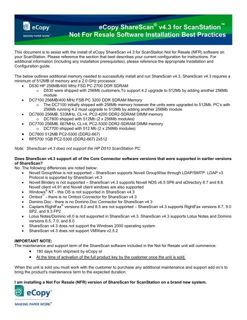eCopy ShareScan v4.3 for ScanStation Not For ... - Konica Minolta