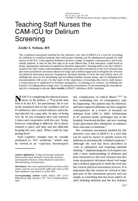 Teaching Staff Nurses the CAM-ICU for Delirium Screening