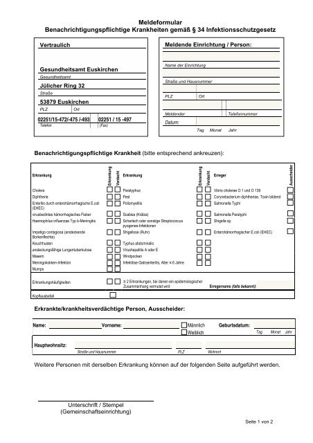 Meldeformular für Gemeinschaftseinrichtungen - Kreis Euskirchen