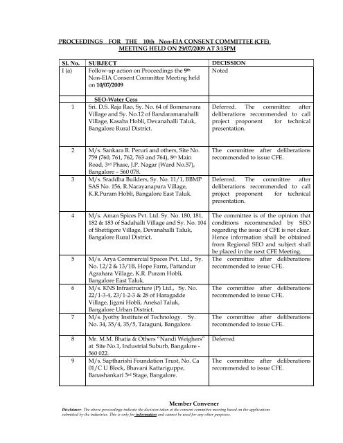 Sl. No. SUBJECT - Karnataka State Pollution Control Board