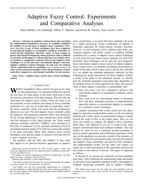 Adaptive Fuzzy Control Experiments And Comparative Analyses