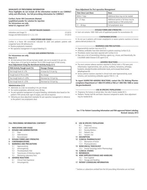 Full Prescribing Information for Corifact - CSL Behring USA