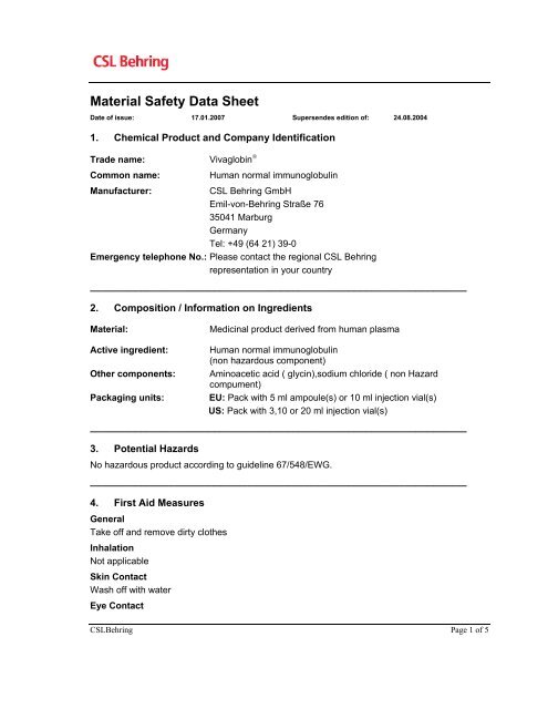 Material Safety Data Sheet - CSL Behring