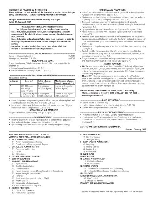 full prescribing information - CSL Behring