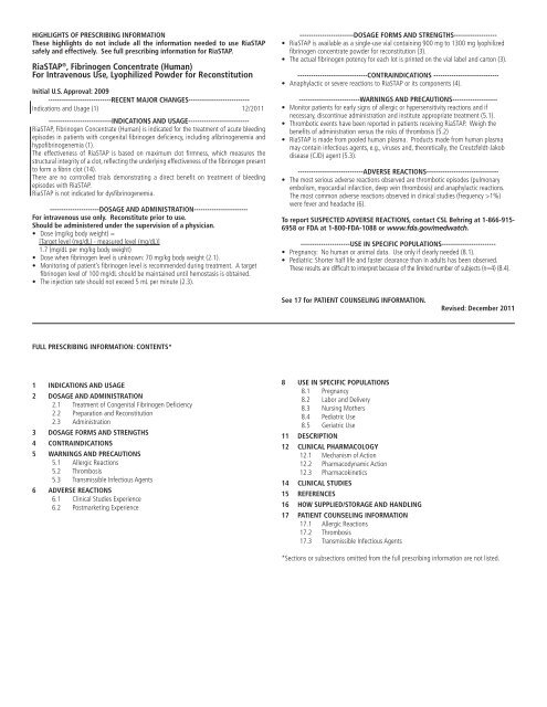 RiaSTAP®, Fibrinogen Concentrate (Human) For ... - CSL Behring