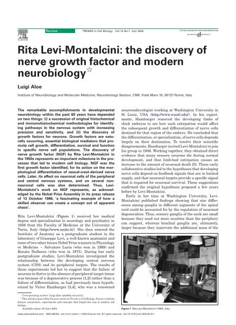 Rita Levi-Montalcini: the discovery of nerve growth factor and ...