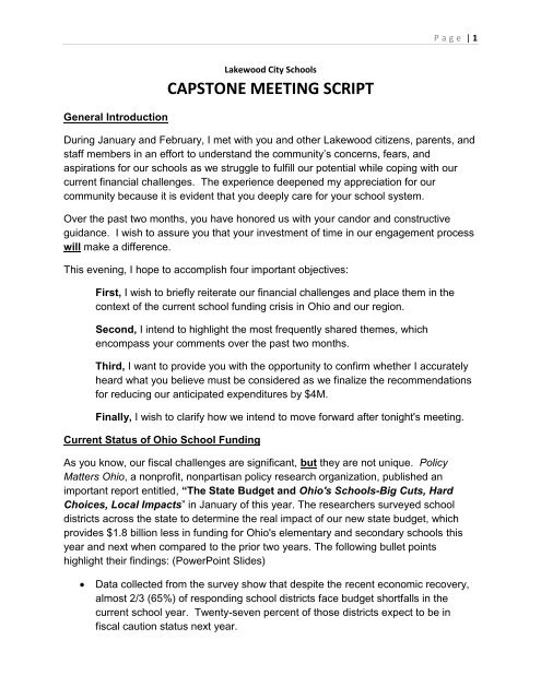 Script of Final Report Meeting - Lakewood City Schools