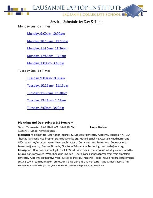 Session Schedule by Day & Time - Lausanne Learning Institute