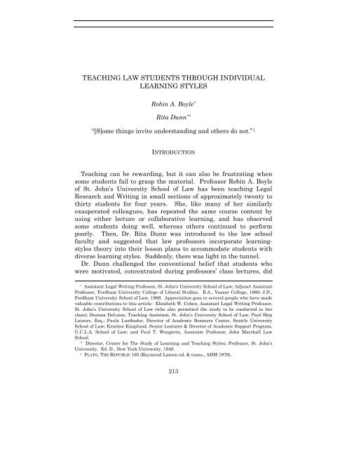 Teaching Law Students Through Individual Learning Styles - 62 ...